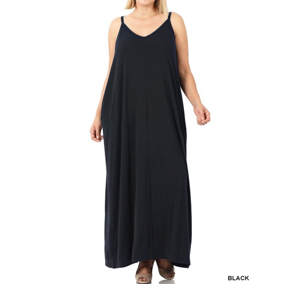 Dresses | New Plus Size Black Vneck Cami Maxi Dress With Pockets | Poshmark